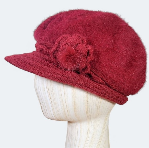 Accessories | Red Knit Cap Fleece Lined With Flower Womens Winter Hat ...
